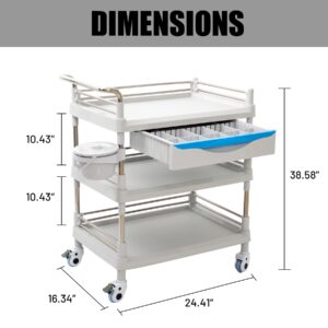 biosp Medical Trolley 3 Tier 500 LBS Heavy Duty Professional Utility Cart Beauty Salon Rolling Trolley with Swivel Casters, Dirt Bucket & Drawer for Hospital Dental Clinic, 38.58'' x 24.41'' x 16.34''