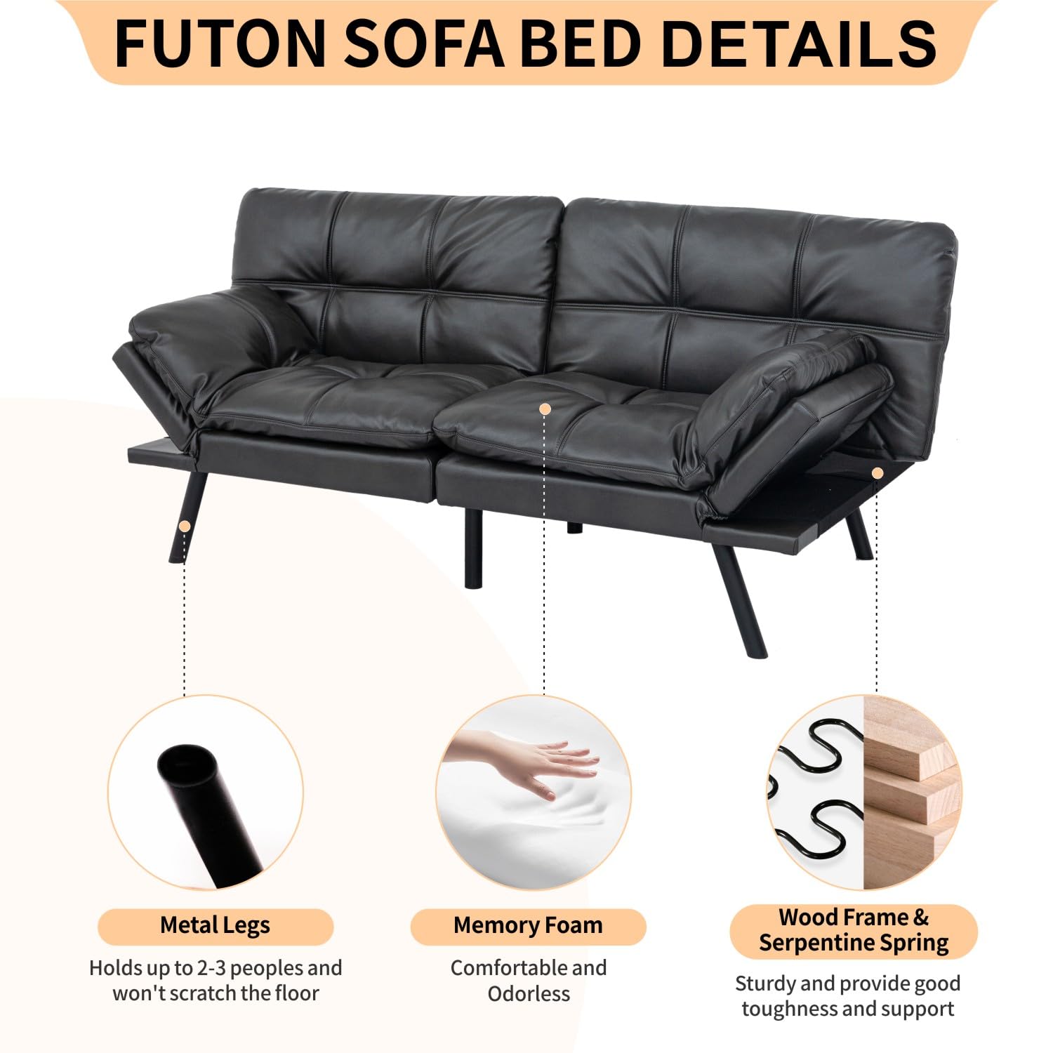 MUUEGM Futon Sofa Bed, 71" Convertible Faux Leather Futon Couch Bed, Modern Sleeper Sofa for Living Room,Small Space,Office,Adjustable Backrests Armrests Couch, Matte Black