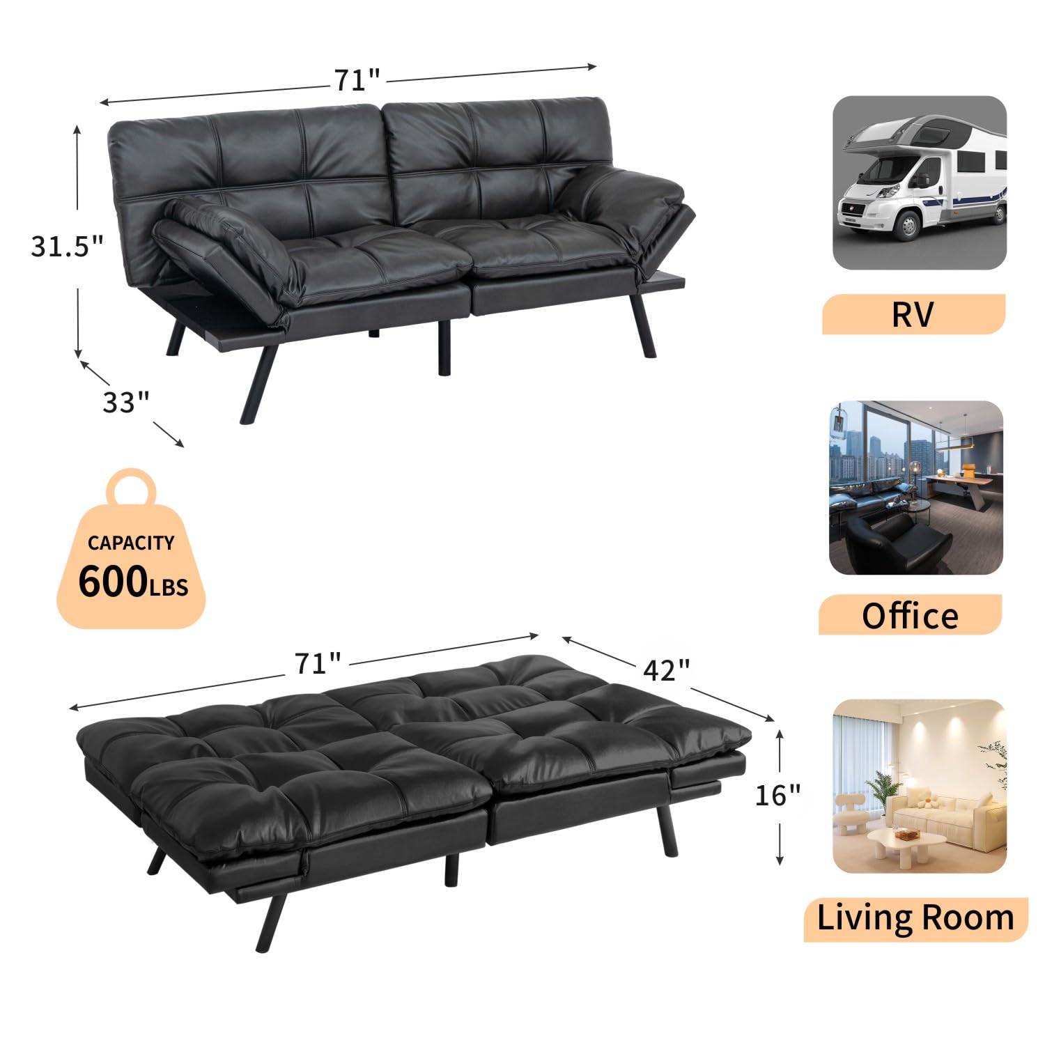 MUUEGM Futon Sofa Bed, 71" Convertible Faux Leather Futon Couch Bed, Modern Sleeper Sofa for Living Room,Small Space,Office,Adjustable Backrests Armrests Couch, Matte Black