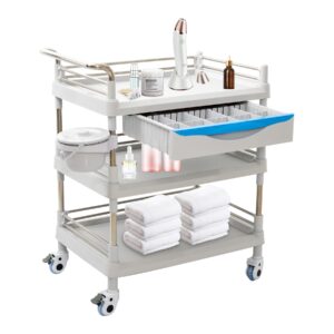 biosp medical trolley 3 tier 500 lbs heavy duty professional utility cart beauty salon rolling trolley with swivel casters, dirt bucket & drawer for hospital dental clinic, 38.58'' x 24.41'' x 16.34''