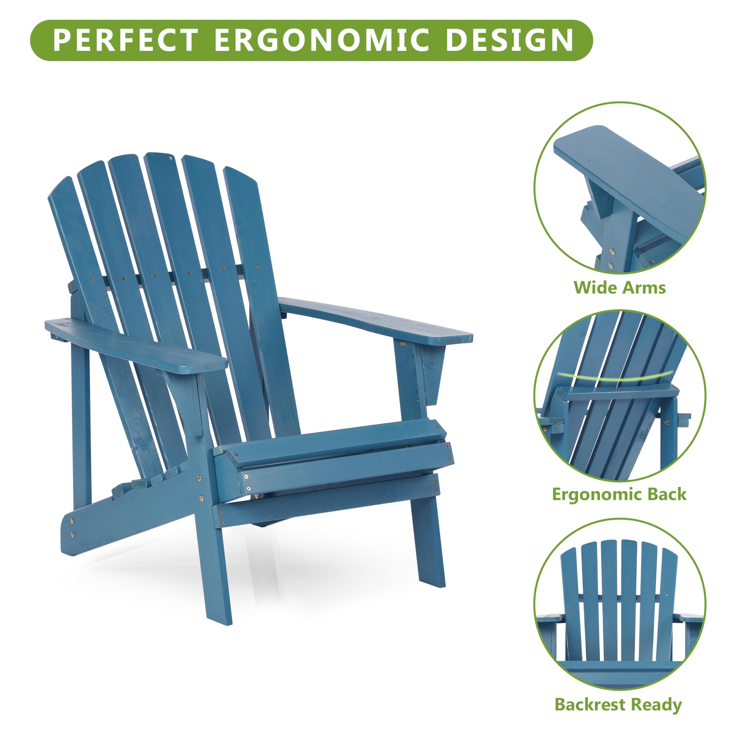 Oversized Outdoor Wooden Adirondack Chair with Pre-Assembled BackRest & SeatBoard, Patio Chair for Garden Lawn Backyard Deck Pool Beach Firepit