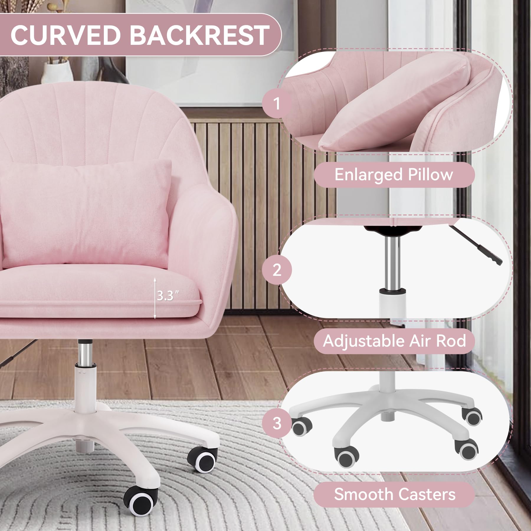 Nalupatio Home Office Chair,Swivel Height Adjustable Upholstered Velvet Computer Task Chair, Vanity Makeup Chair with Wheel&Pillow,Mid-Back Modern Accent Chair for Bedroom Reading Room,Light Pink