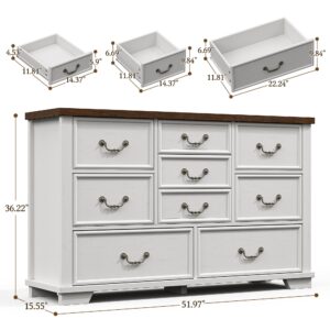 EnHomee Dresser for Bedroom with 9 Drawers, Rustic Wood Dressers & Chests of Drawers with Antique Handles and Smooth Rail, 51.97" Long Dresser TV Stand for Sitting Room, Entryway, Antique White