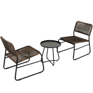 3 piece patio furniture set, 3 pieces patio bistro set, front porch chairs conversation set, outdoor rattan furniture with round table and 2 armchairs for lawn, garden, pool, backyard, black