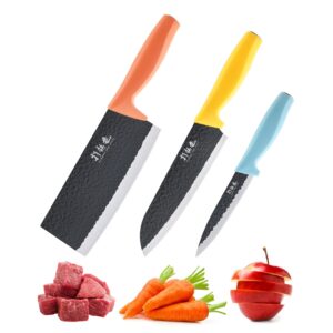 3PCS Kitchen Knives, HIA Stainless Steel Chef Knife Set, Includes 7 inch Chef Knife, 7 inch Cleaver Knife and 4.5 inch Boning Knife, Ultra Sharp Blade with Ergonomic ABS Handle (Blue, Yellow, Orange)