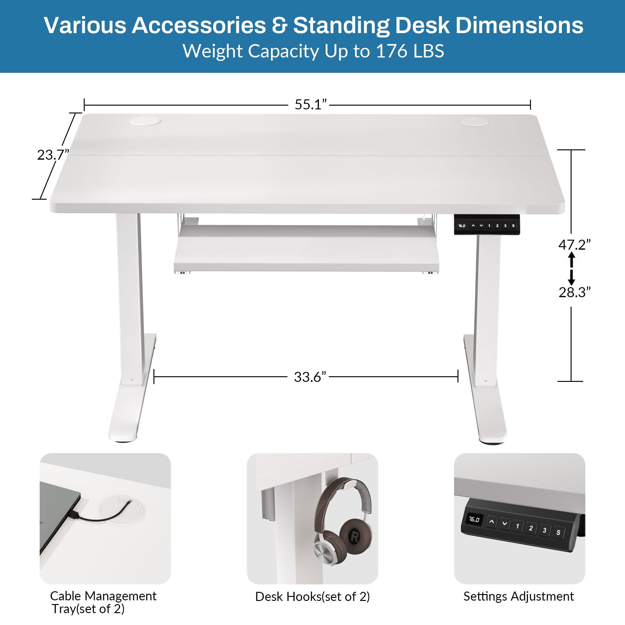 GallopFun 55 x 24'' Electric Standing Desk Adjustable Height Rising Desk for Home Office, Computer Desk Workstation with Keyboard Tray, Headphone Hook, Memory Presets (White)