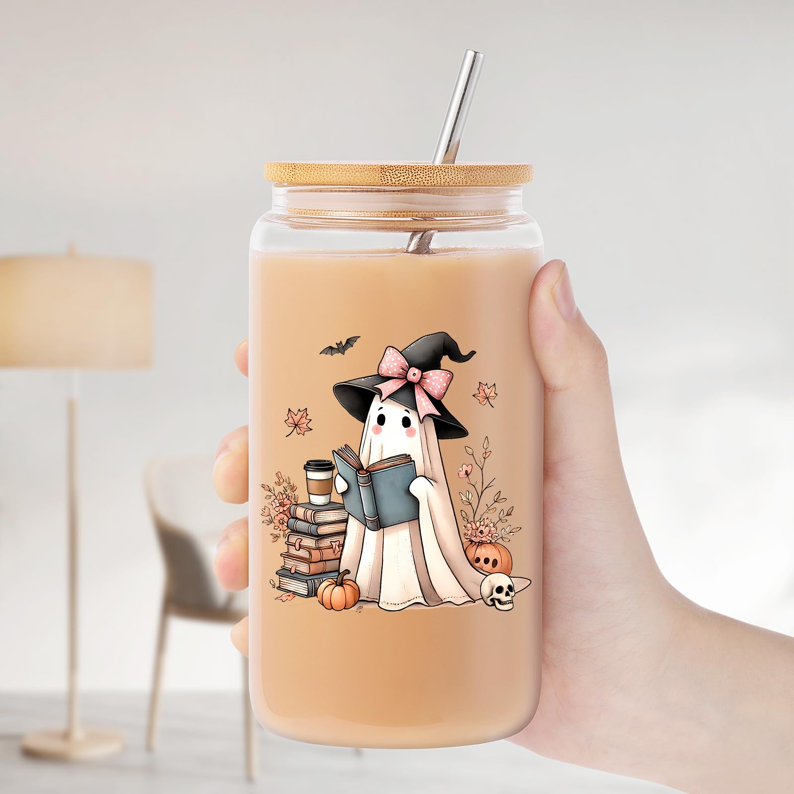 Halloween Gifts for Book Lovers Women - Birthday Christmas Book Club Gifts for Bookish Librarian Bookworm Readers - Cute Witch Spooky Gifts Reading Witchy Wizard Hat Glass Iced Coffee Cups with Lids