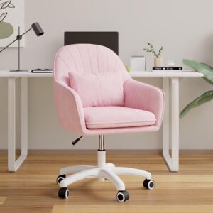 nalupatio home office chair,swivel height adjustable upholstered velvet computer task chair, vanity makeup chair with wheel&pillow,mid-back modern accent chair for bedroom reading room,light pink