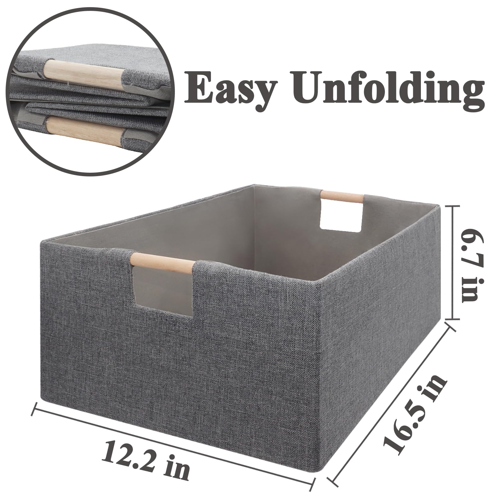 Foldable Fabric Storage Cubes, 2 Packs Cloth Storage Baskets with Wooden Handles, Collapsible Shelf Closet Organizer Bins, Rectangular Storage Boxes for Decor (Gray)