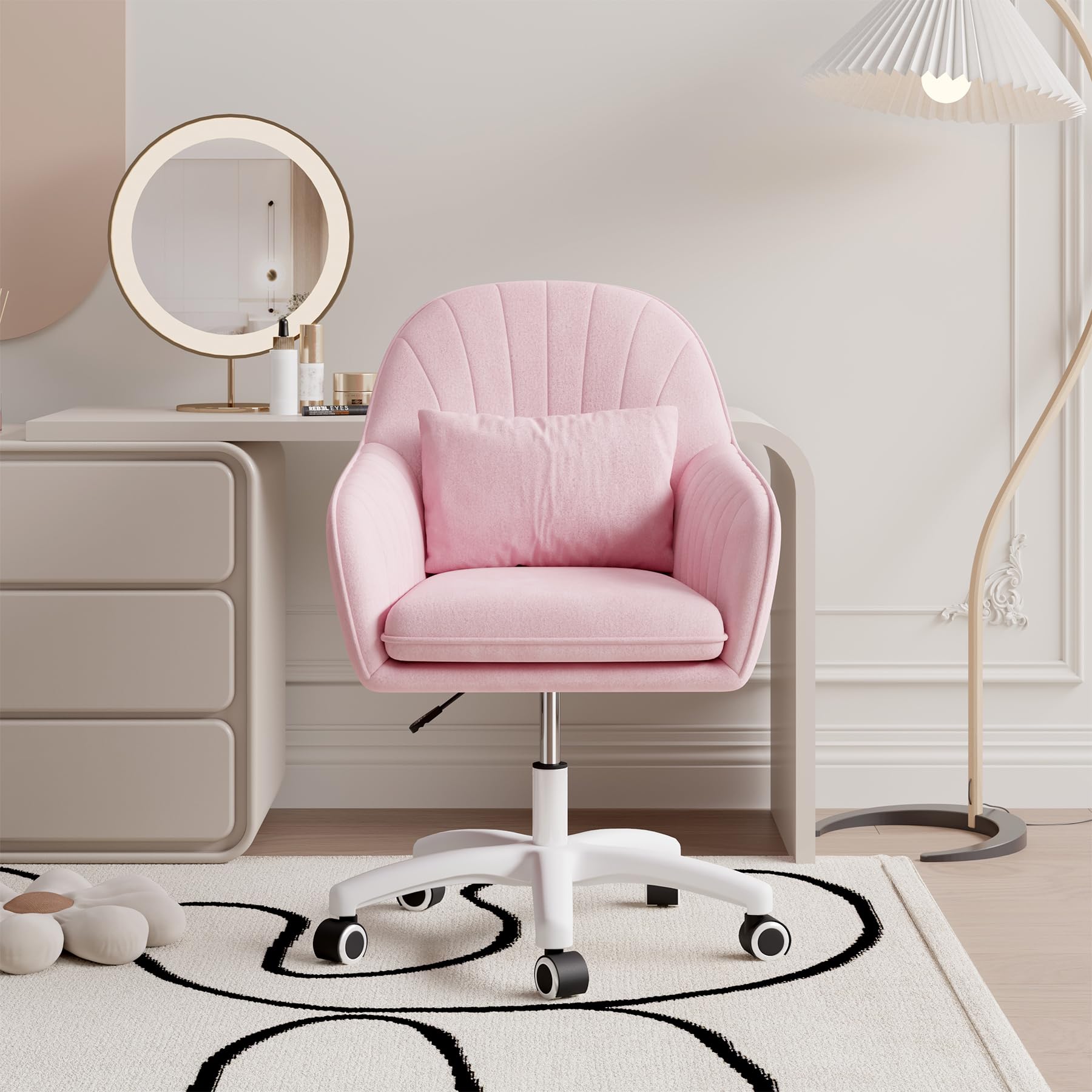 Nalupatio Home Office Chair,Swivel Height Adjustable Upholstered Velvet Computer Task Chair, Vanity Makeup Chair with Wheel&Pillow,Mid-Back Modern Accent Chair for Bedroom Reading Room,Light Pink