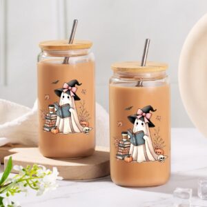 Halloween Gifts for Book Lovers Women - Birthday Christmas Book Club Gifts for Bookish Librarian Bookworm Readers - Cute Witch Spooky Gifts Reading Witchy Wizard Hat Glass Iced Coffee Cups with Lids