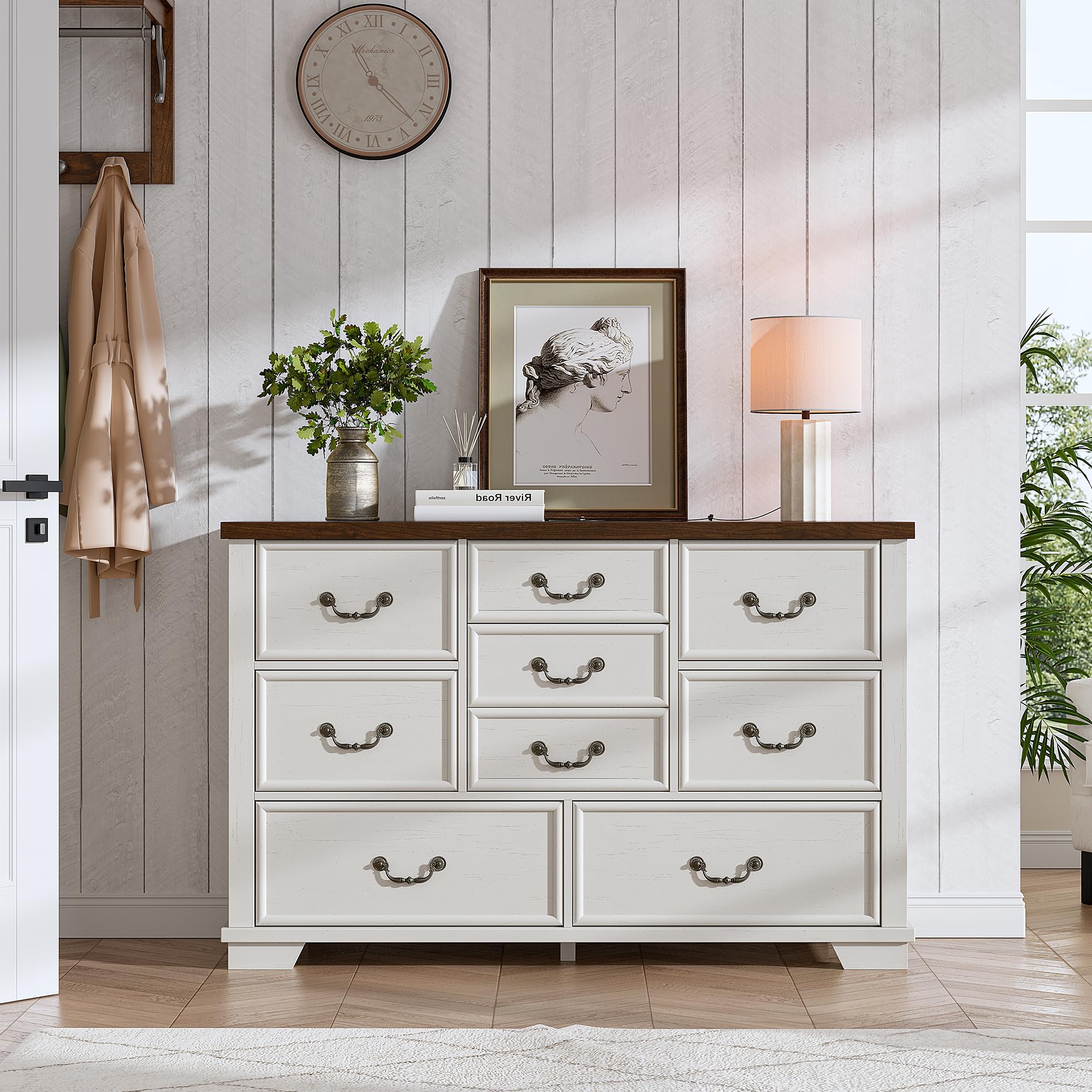 EnHomee Dresser for Bedroom with 9 Drawers, Rustic Wood Dressers & Chests of Drawers with Antique Handles and Smooth Rail, 51.97" Long Dresser TV Stand for Sitting Room, Entryway, Antique White