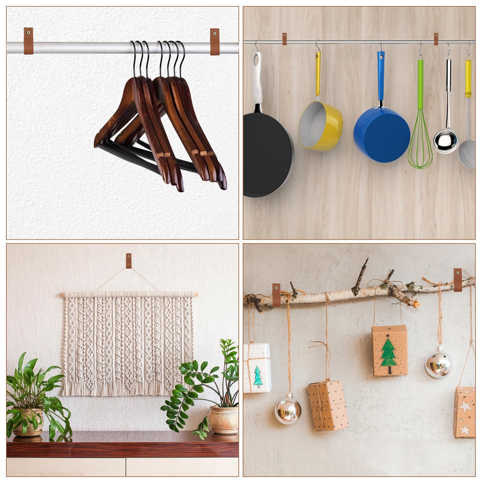 Qianyu 6 Pcs PU Leather Wall Hooks Curtain Rod Hanging Straps Towel Holder Hanger Cabinet Handle Loop Storage Supplies Boho Style Decor for Bathroom Kitchen Bedroom