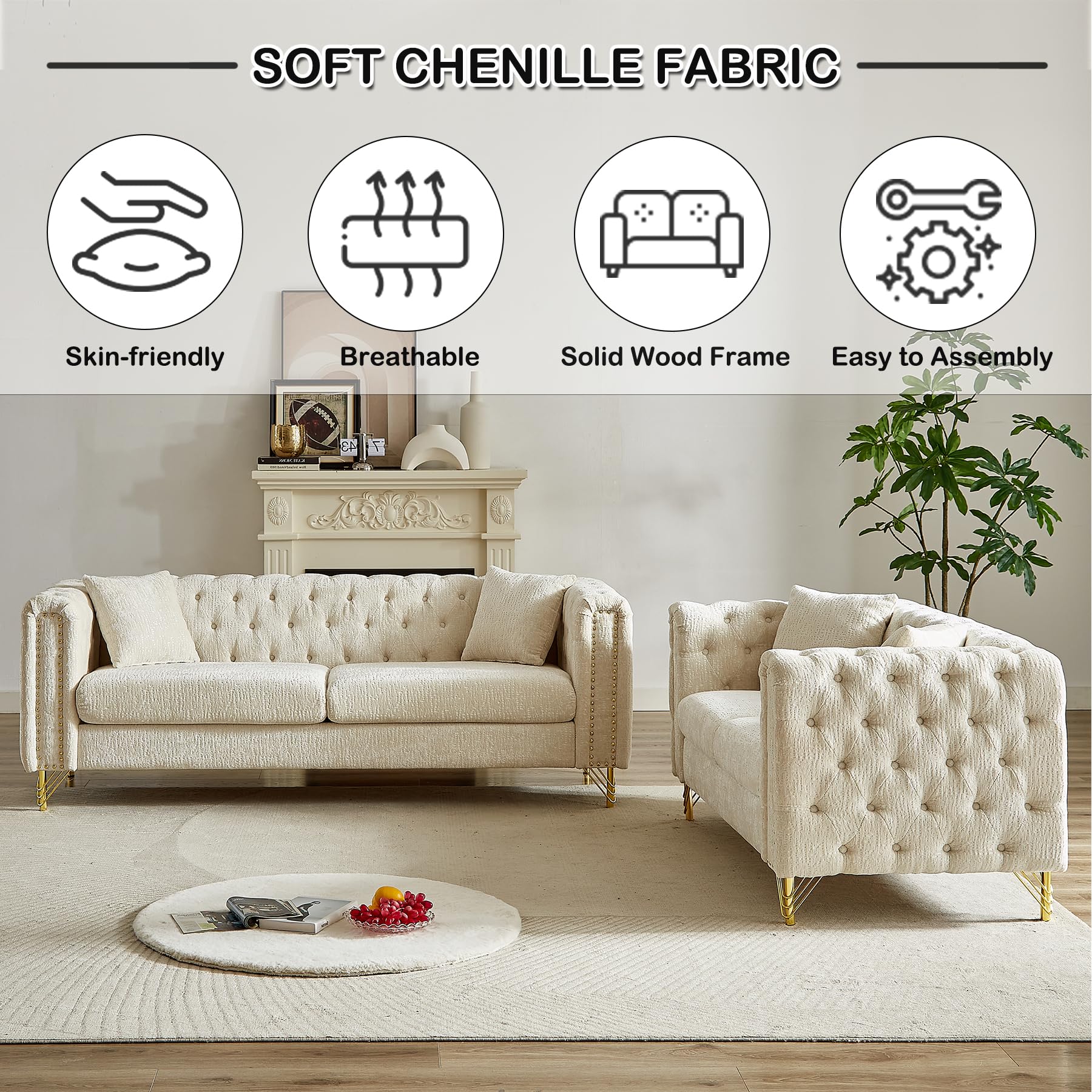 AZSJML 2 Piece Chesterfield Chenille Sofa Set for Living Room, Modern 3-Seater Couch and Loveseat Set,Tufted Chenille Sofa Nailhead and Gold Legs with 2 Pillows for Bedroom, Office, Beige