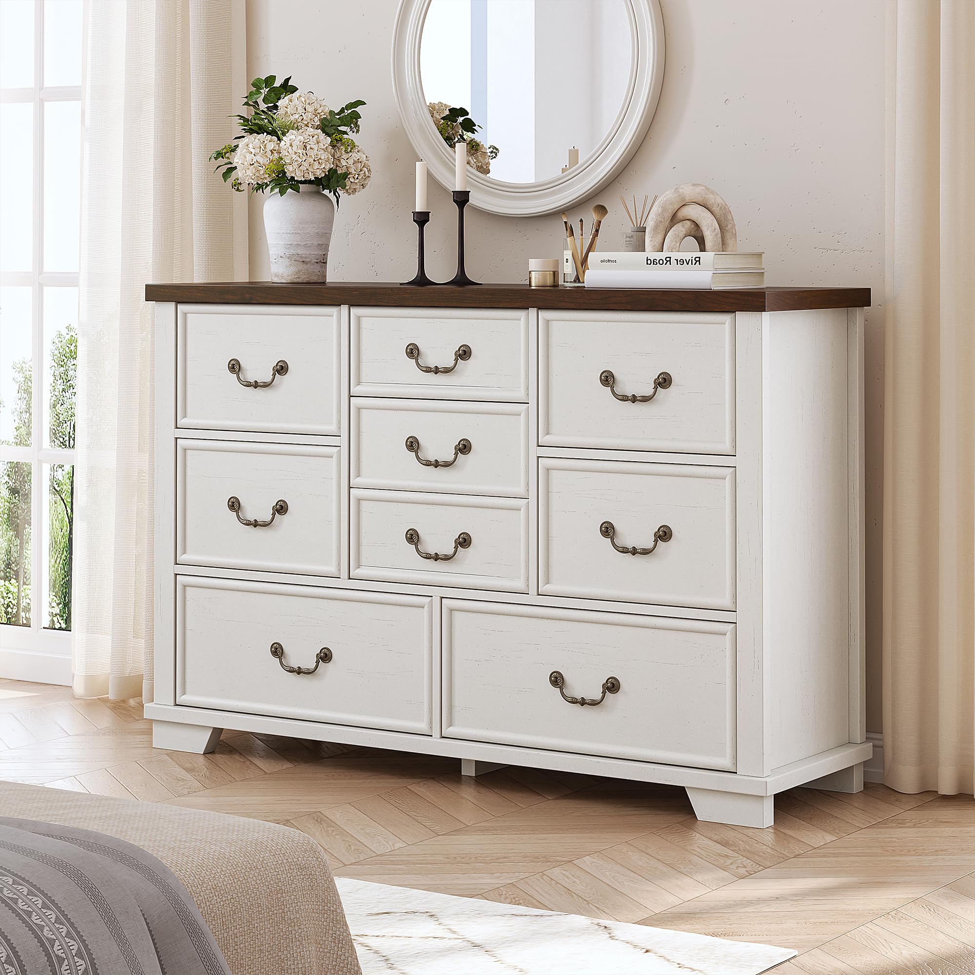 EnHomee Dresser for Bedroom with 9 Drawers, Rustic Wood Dressers & Chests of Drawers with Antique Handles and Smooth Rail, 51.97" Long Dresser TV Stand for Sitting Room, Entryway, Antique White