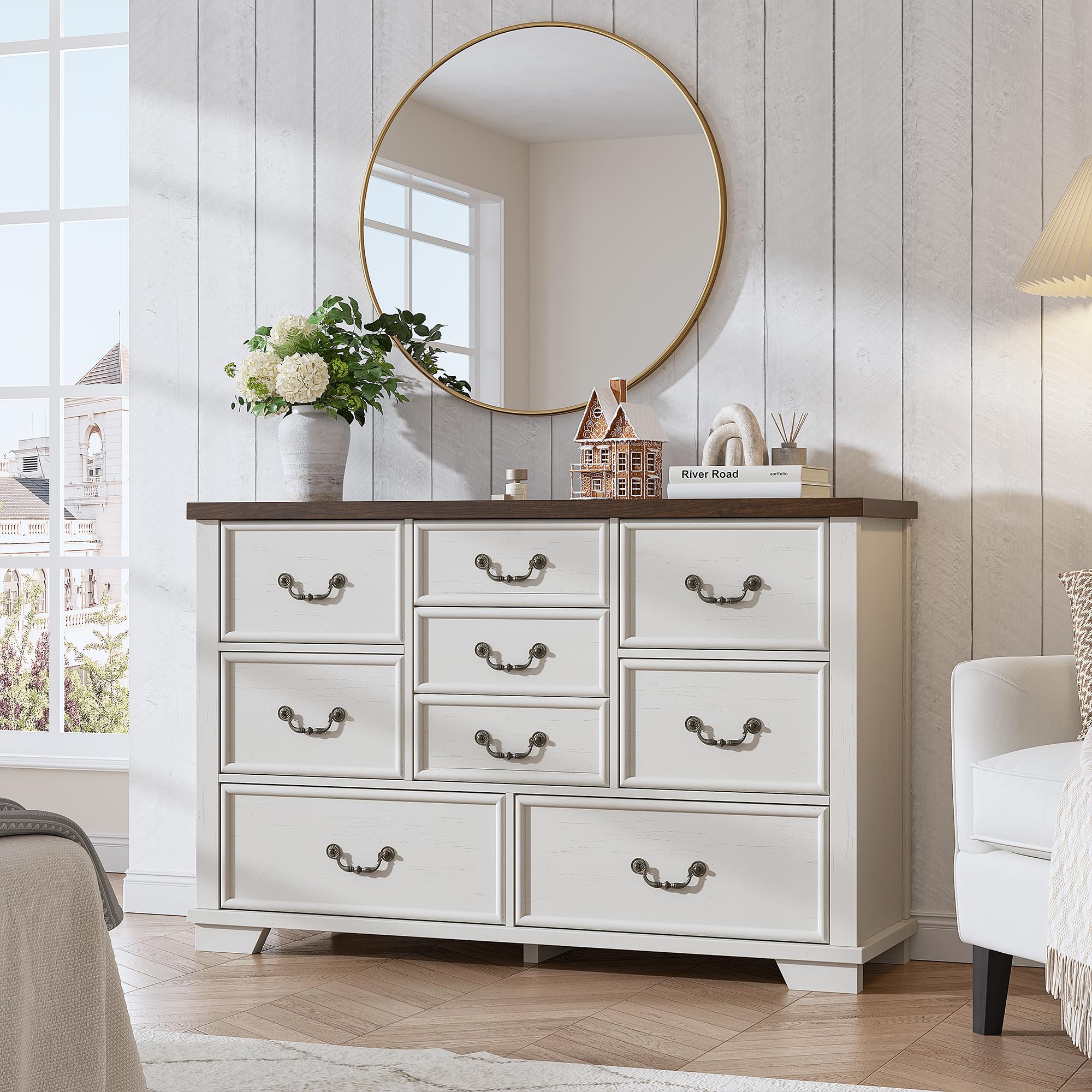 EnHomee Dresser for Bedroom with 9 Drawers, Rustic Wood Dressers & Chests of Drawers with Antique Handles and Smooth Rail, 51.97" Long Dresser TV Stand for Sitting Room, Entryway, Antique White