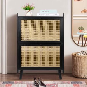 ZYBT Black Shoe Storage Organizer for Entryway, Rattan Shoe Storage Cabinet, 2 Flip Drawers Shoe Organizer Slim Wooden Shoe Rack for Door, Free Standing Shoe Racks for Entryway