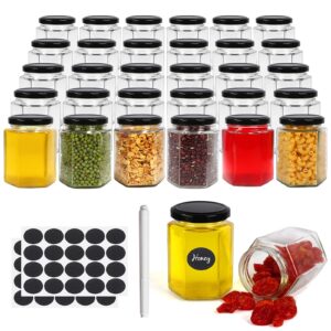 betrome 6oz glass jars with black lids, 30 pack 180ml clear hexagon glass canning jars honey jars spice jars mason jars for jams, shower favors, wedding favors, craft, 1 pen and labels included