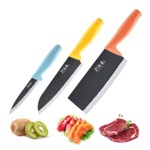 3pcs kitchen knives, hia stainless steel chef knife set, includes 7 inch chef knife, 7 inch cleaver knife and 4.5 inch boning knife, ultra sharp blade with ergonomic abs handle (blue, yellow, orange)