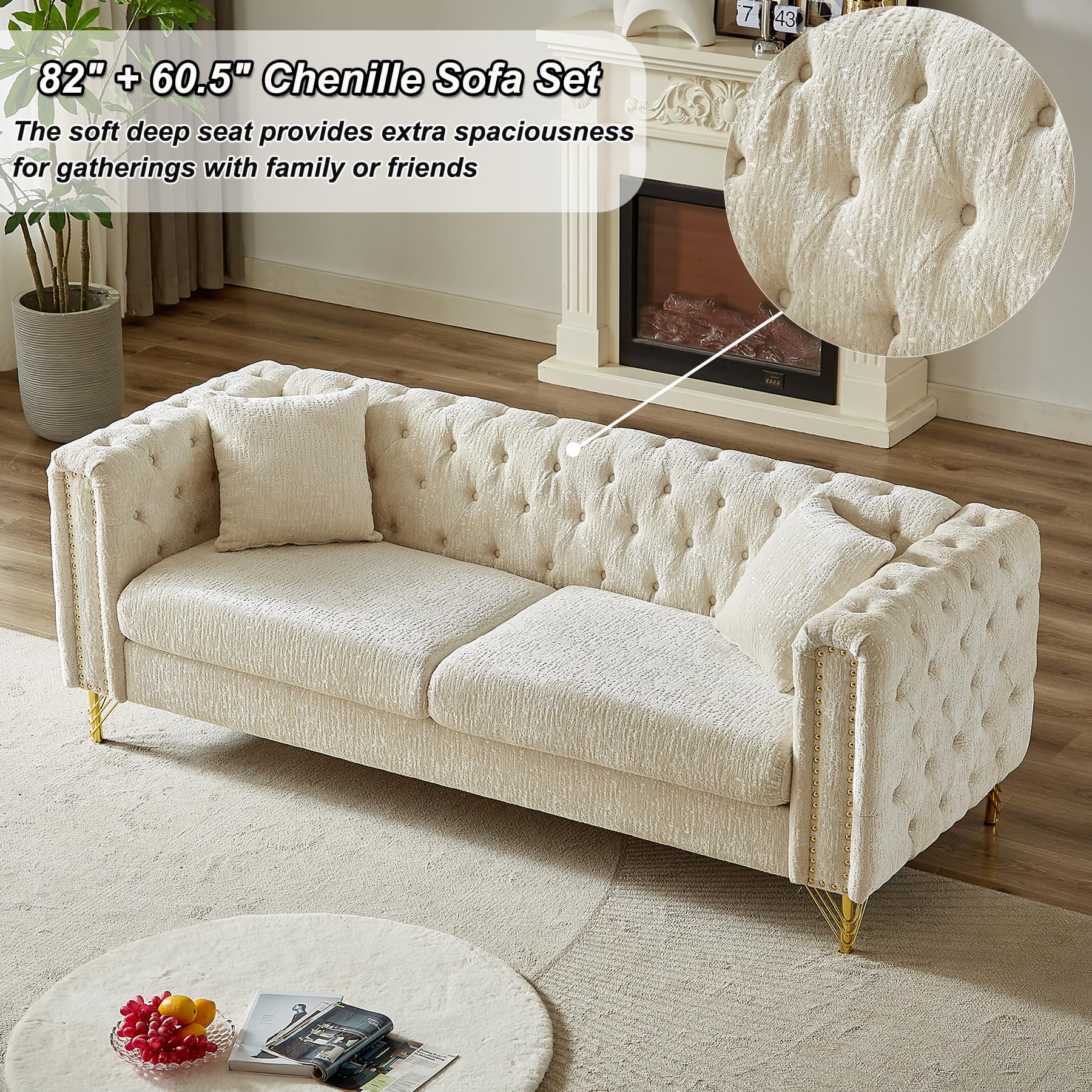 AZSJML 2 Piece Chesterfield Chenille Sofa Set for Living Room, Modern 3-Seater Couch and Loveseat Set,Tufted Chenille Sofa Nailhead and Gold Legs with 2 Pillows for Bedroom, Office, Beige