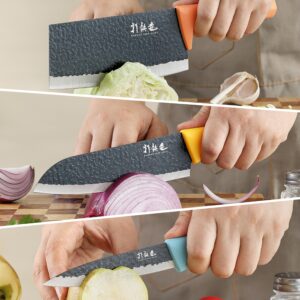 3PCS Kitchen Knives, HIA Stainless Steel Chef Knife Set, Includes 7 inch Chef Knife, 7 inch Cleaver Knife and 4.5 inch Boning Knife, Ultra Sharp Blade with Ergonomic ABS Handle (Blue, Yellow, Orange)