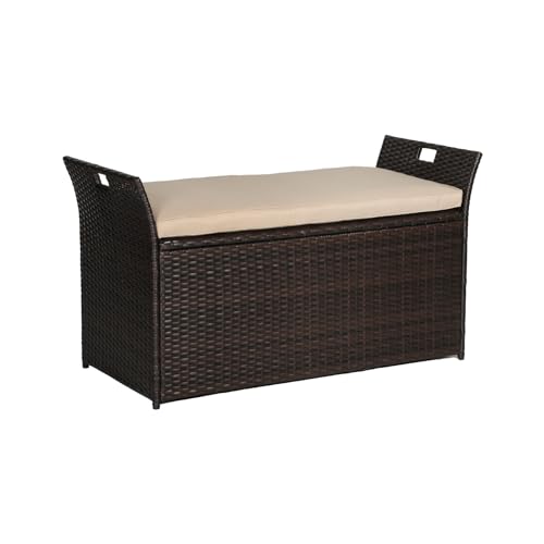 Brightpeak 90 Gallon Patio Storage Bench, Outdoor Wicker Deck Box with Cushion, PE Rattan Box with Handles (Brown)