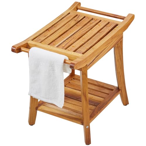 VEVOR Teak Shower Bench with Handles, 22in Waterproof Wood Shower Stool with Storage Shelf Non-Slip Feet, 300 lbs Load Capacity Shower Chair Seat, for Bathroom Indoor and Outdoor Use