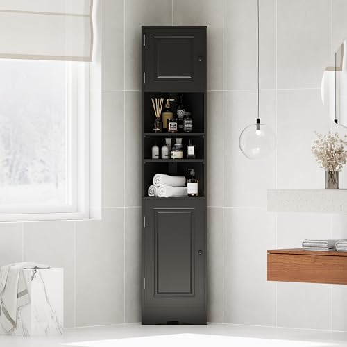 Merax Corner Cabinet Freestanding Floor Bathroom Storage Space Saver with Doors and Adjustable Shelves for Home, Kitchen, Tall Slim