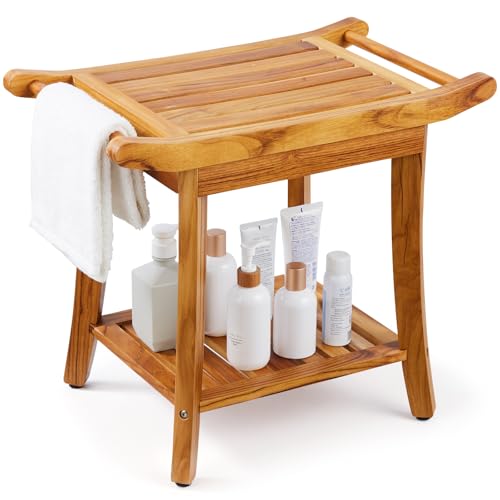 VEVOR Teak Shower Bench with Handles, 22in Waterproof Wood Shower Stool with Storage Shelf Non-Slip Feet, 300 lbs Load Capacity Shower Chair Seat, for Bathroom Indoor and Outdoor Use