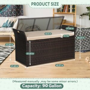 Brightpeak 90 Gallon Patio Storage Bench, Outdoor Wicker Deck Box with Cushion, PE Rattan Box with Handles (Brown)