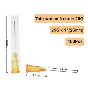 25Gauge 1Inch needle 100pcs- Disposable needles for injection syringes - Suitable for scientific labs practice and experiment, Veterinary, Industrial drawing and refilling liquids