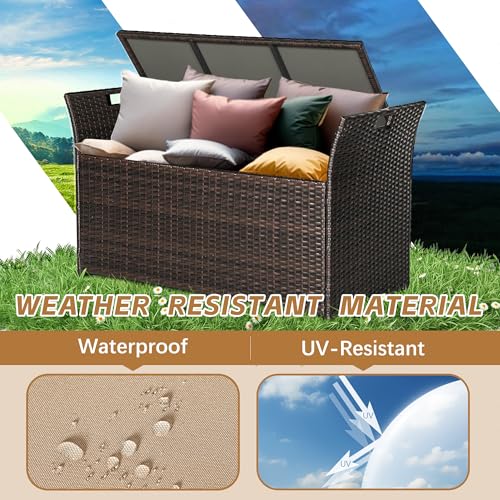 Brightpeak 90 Gallon Patio Storage Bench, Outdoor Wicker Deck Box with Cushion, PE Rattan Box with Handles (Brown)