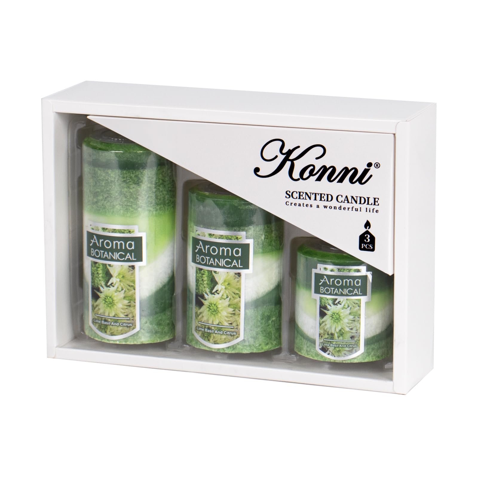 KONNI Scented Pillar Candles-Ice Flower Texture-Set of 3 Green Candles-2"x2", 2"x3", and 2"x4"-Smokeless and Long Burning Decorative Candles for Home Decor,Dinner Table Decor and Relaxation