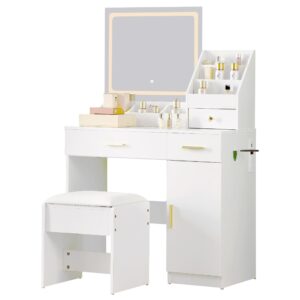 forest gravity vanity desk with mirror and light,makeup organizer,comfy chair,power outlet,hair dryer holder,white vanity with lighted mirror of 3 colors led,for bedroom,three drawers,white