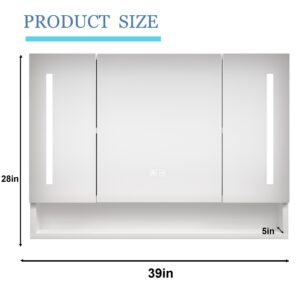 39x28 in Bathroom Mirror Cabinet, Bathroom Storage Cabinet with Adjustable LED Lights, Mirror with Storage, Wall-Mounted Medicine Cabinet with Defogging Mirror, Towel Rail & Multiple Shelves (39x28)