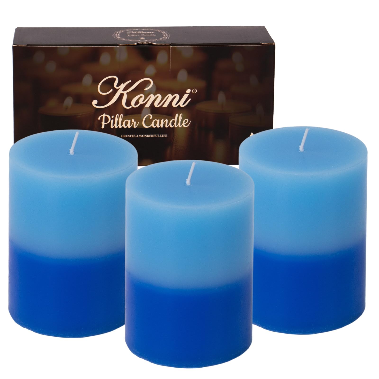 KONNI Blue Layered Pillar Candles Set of 3, 3"x 4" Unscented Pillar Candles Bulk, 39 Hours Long Burning Candles, Smokeless&Dripless Large Round Candle for Wedding, Home Decoration, Parties, Dinner