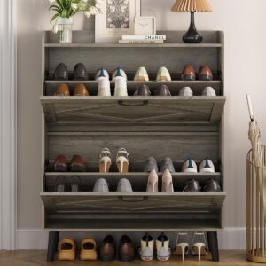 OtterOasis Shoe Storage Cabinet with 2 Flip Drawers, Farmhouse Narrow Shoe Cabinet for Entryway, Slim Shoe Organizer Cabinet with Wood Legs, Washed Gray