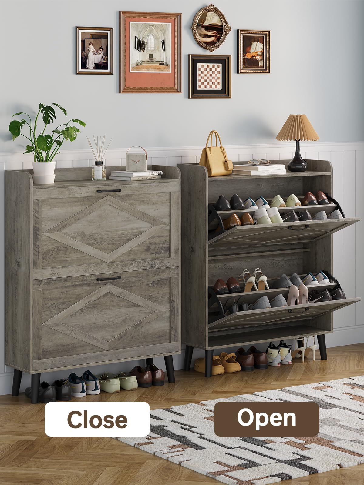 OtterOasis Shoe Storage Cabinet with 2 Flip Drawers, Farmhouse Narrow Shoe Cabinet for Entryway, Slim Shoe Organizer Cabinet with Wood Legs, Washed Gray