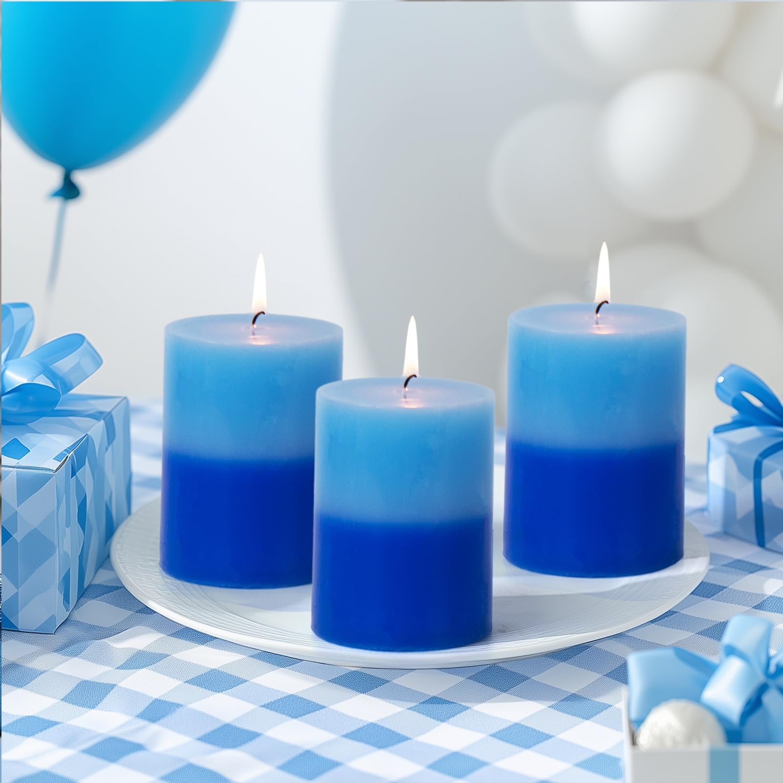 KONNI Blue Layered Pillar Candles Set of 3, 3"x 4" Unscented Pillar Candles Bulk, 39 Hours Long Burning Candles, Smokeless&Dripless Large Round Candle for Wedding, Home Decoration, Parties, Dinner