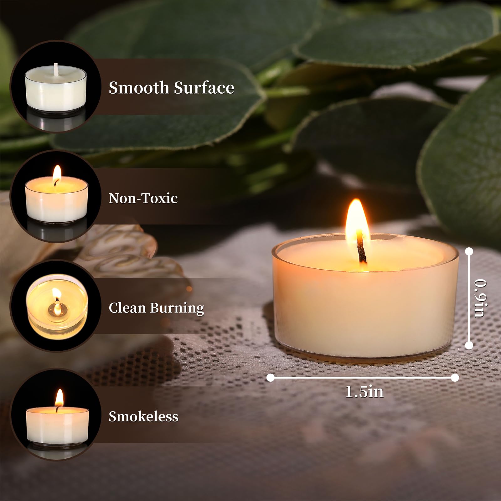 Simeitol 100 Pcs Soy Wax Tealight Candles (6 Hour Burn Time) White Unscented Votive Candles, Smokeless & Extended Burn Time Clear Cup Tea Lights for Weddings, Home, Emergencies