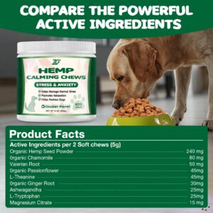 Hemp Calming Chews for Dogs Calming Treats - Anxiety Relief Treats, Composure Dog Calming Chews Helps with Dog Separation, Stress Relief, Sleep Calm Treats with Valerian Root, L-Tryptophan 120 Chews