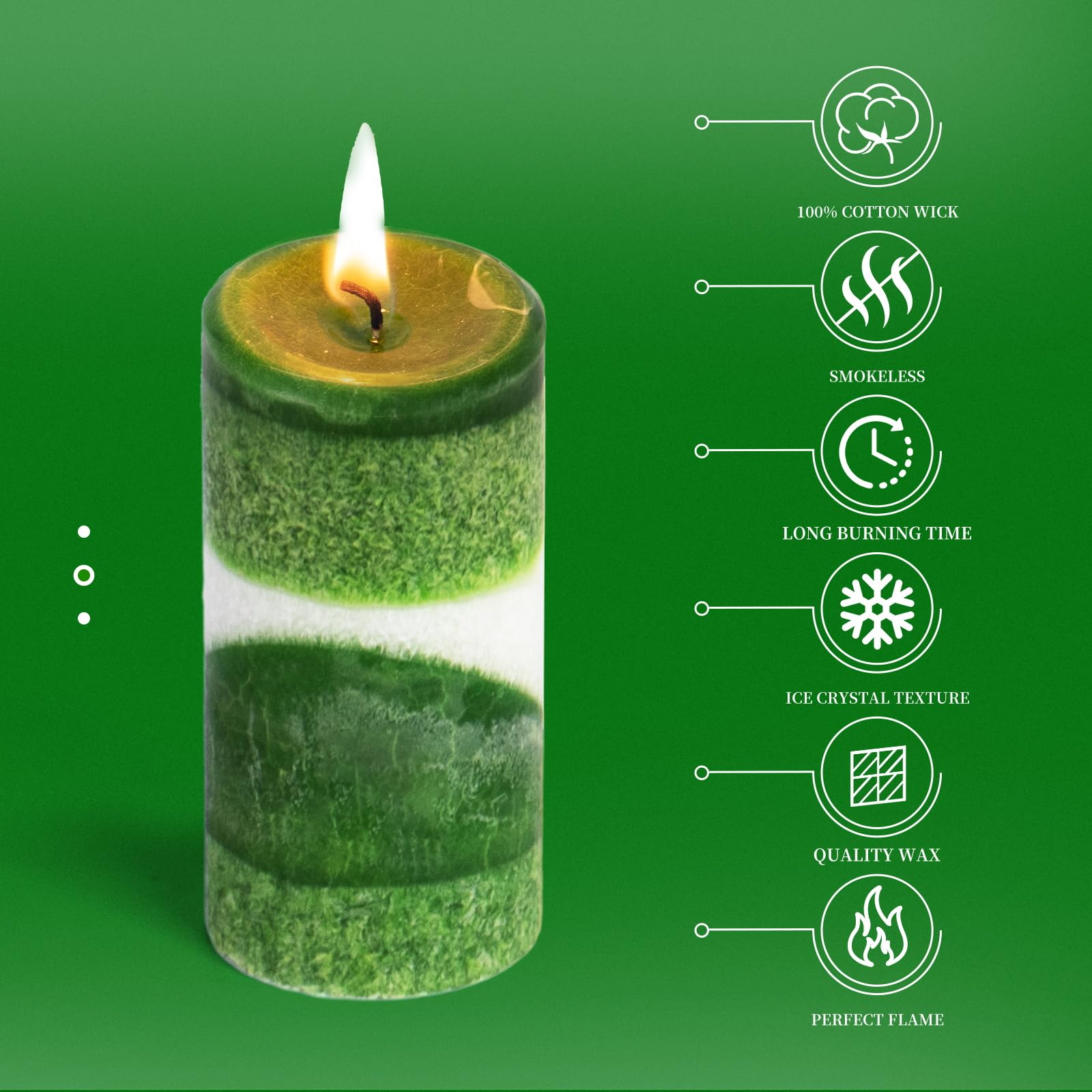 KONNI Scented Pillar Candles-Ice Flower Texture-Set of 3 Green Candles-2"x2", 2"x3", and 2"x4"-Smokeless and Long Burning Decorative Candles for Home Decor,Dinner Table Decor and Relaxation