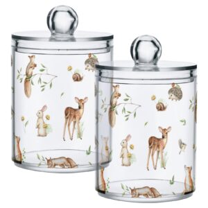 gredecor 2 pack qtip holder clear wild woodland baby animals apothecary jars with lids acrylic bathroom jars vanity countertop canister storage organizer for cotton ball,swabs,pads,floss