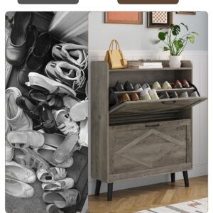 OtterOasis Shoe Storage Cabinet with 2 Flip Drawers, Farmhouse Narrow Shoe Cabinet for Entryway, Slim Shoe Organizer Cabinet with Wood Legs, Washed Gray