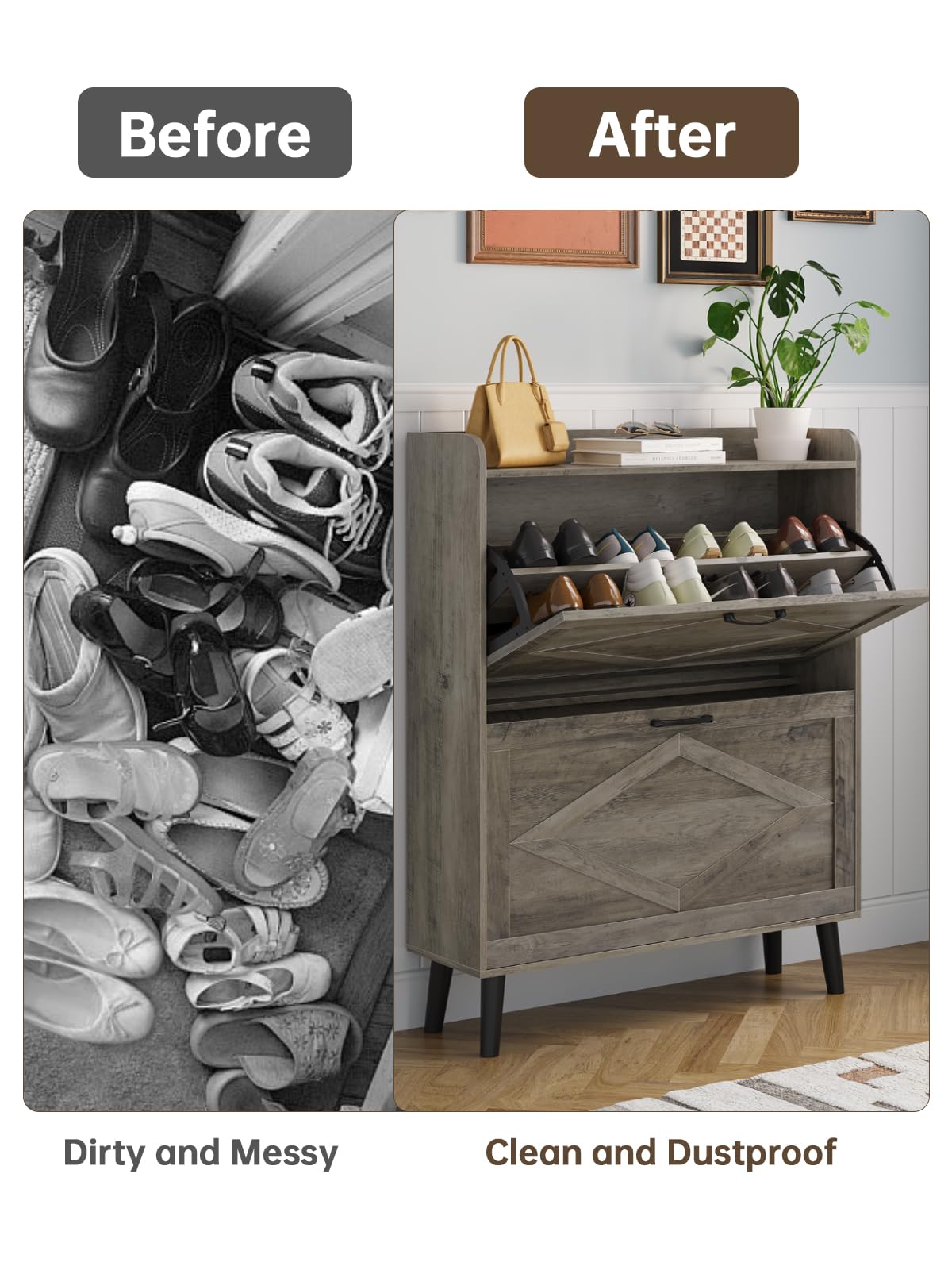 OtterOasis Shoe Storage Cabinet with 2 Flip Drawers, Farmhouse Narrow Shoe Cabinet for Entryway, Slim Shoe Organizer Cabinet with Wood Legs, Washed Gray