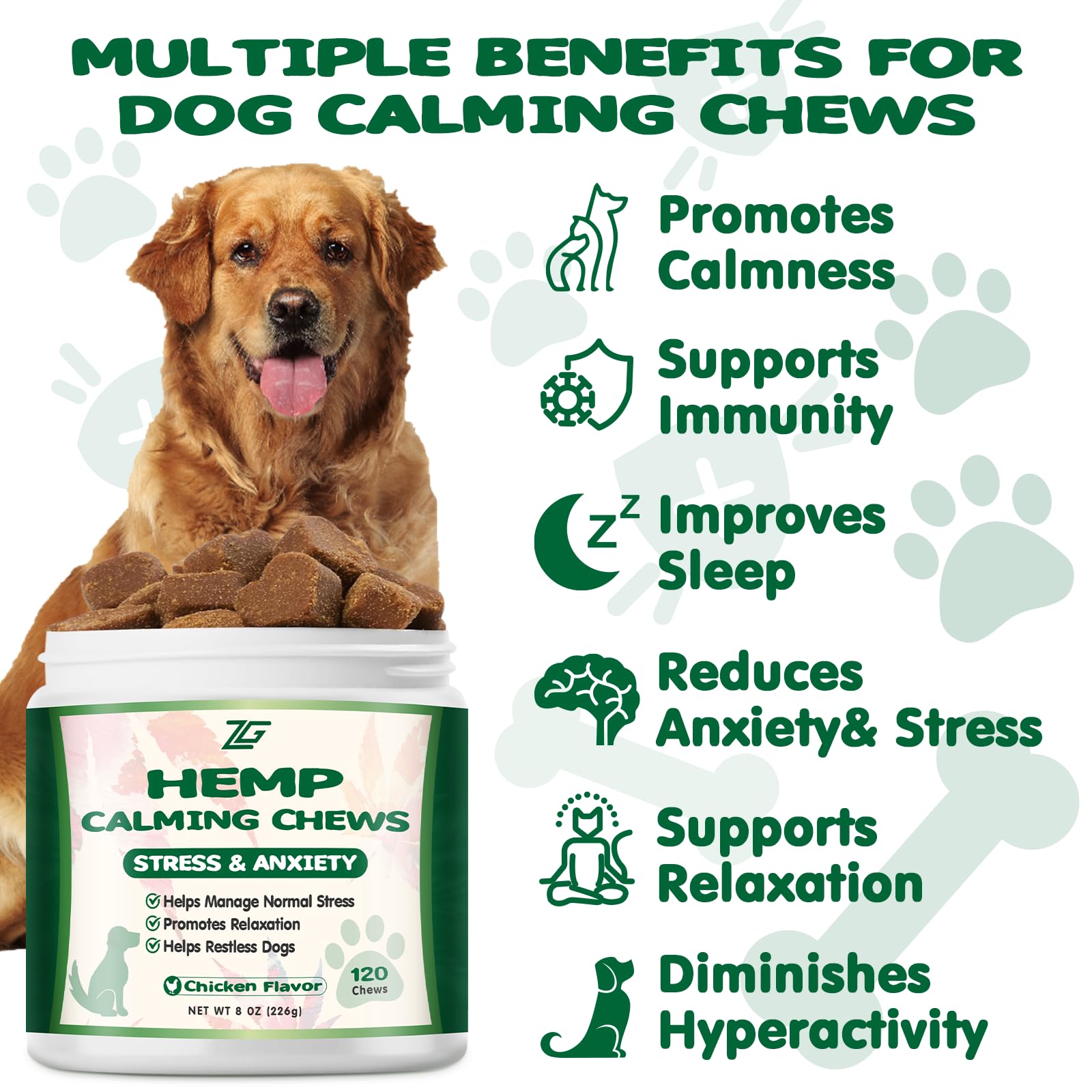 Hemp Calming Chews for Dogs Calming Treats - Anxiety Relief Treats, Composure Dog Calming Chews Helps with Dog Separation, Stress Relief, Sleep Calm Treats with Valerian Root, L-Tryptophan 120 Chews