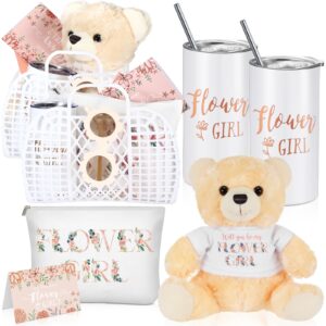 sieral 2 sets 18 pcs flower girl jelly basket set including flower girl tumbler bear sunglasses makeup bag bracelet proposal card with pen envelope plastic handbag for wedding bridal shower (white)