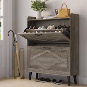 otteroasis shoe storage cabinet with 2 flip drawers, farmhouse narrow shoe cabinet for entryway, slim shoe organizer cabinet with wood legs, washed gray