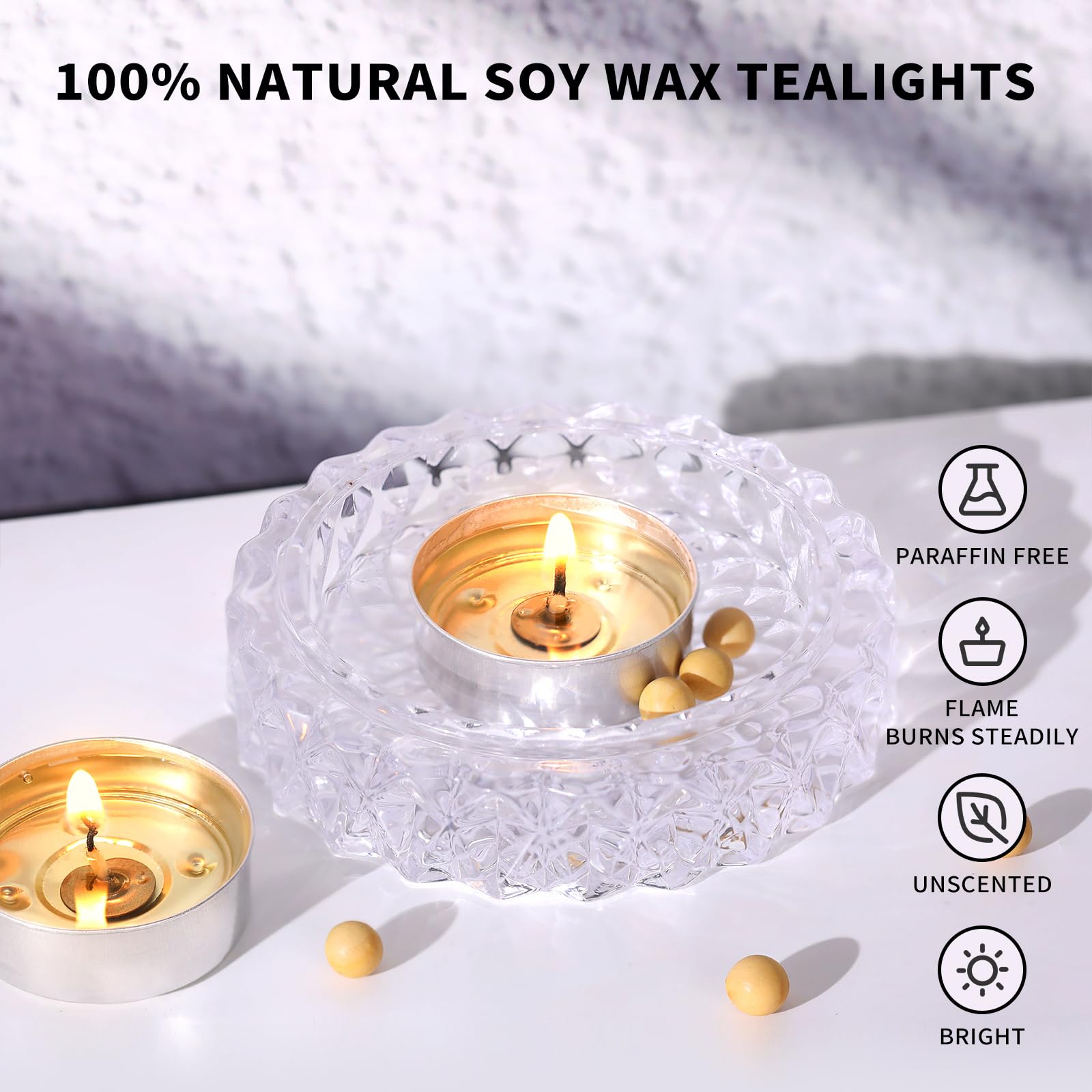 Soy Tealight Candles | 50 Pack | 4 Hours - 100% Natural Soy Wax Tea Candles | Paraffin-Free, Unscented Tealights Small Candles in Bulk, Long Burning Tea Lights Candles for Shabbat, Home, Wedding