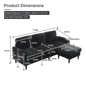 XUWANSHANG 77.36" Modular Sectional Sofa Couch, Chenille Fabric L Shaped Sectional Couches 3 Seater Couches with Storage Ottoman Cup Holders Side Pockets for Small Spaces Living Room Office, Black